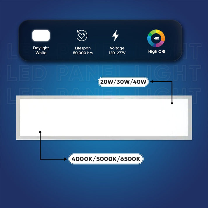 1-ft x 4-ft LED Panel Light 20/30/40 Watt Adjustable, 4000K/5000K/6500