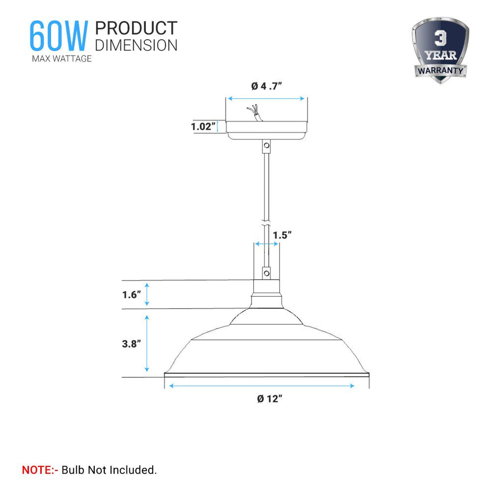 1-Light Industrial Style Pendant Light Fixture, Trumpet Shape, E26 Bas