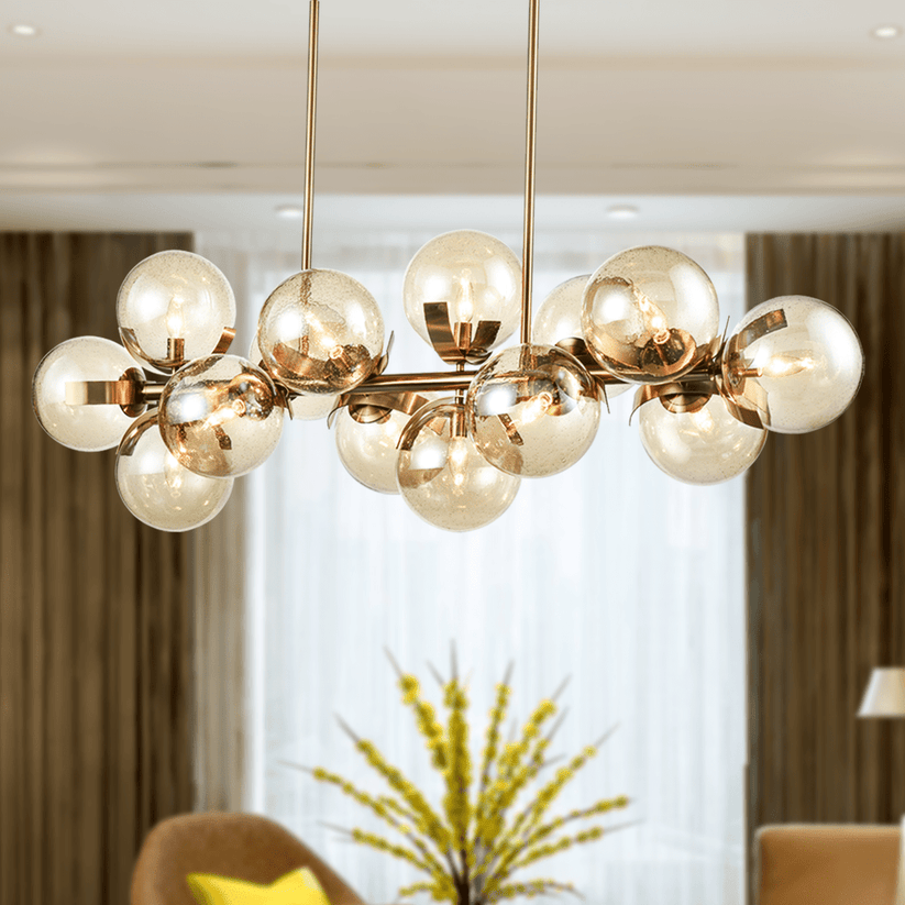 14-Light Linear Chandeliers for Dining Room Glass Globe New Brass Fini