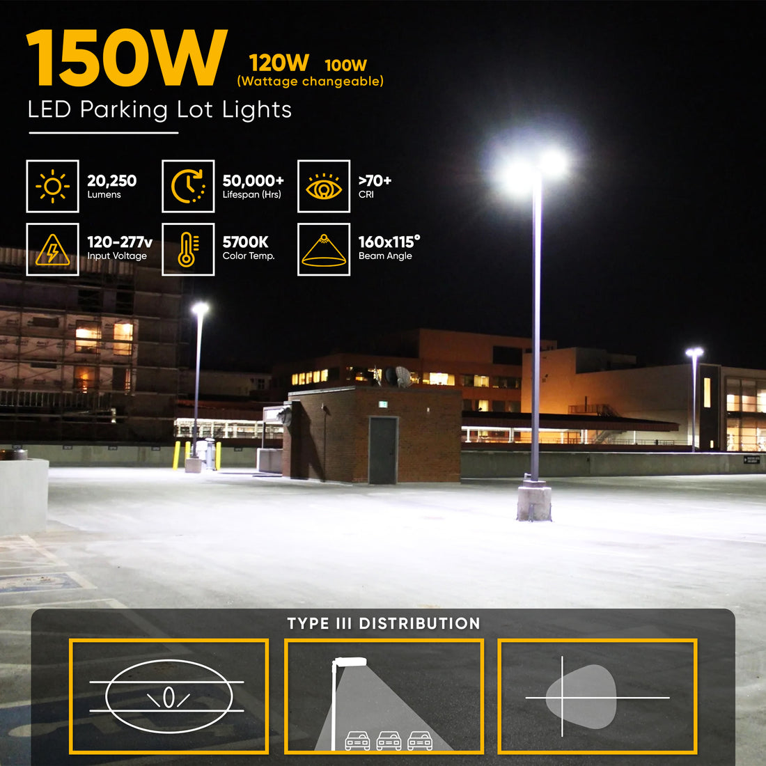 LED Pole Light, 150W/120W/100W Wattage Adjustable, 5700K, 133 LM/W, Un
