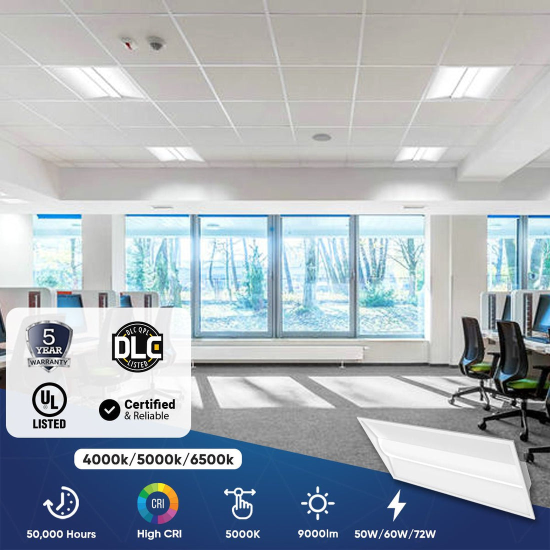 2x4 LED Troffer Light, 50W, 5000K, Dimmable Panel Light