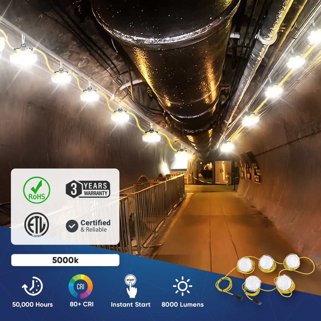 LED String Work Lights With Cage, 65W 5000K, 50ft, 8000LM , IP65, 5 Li