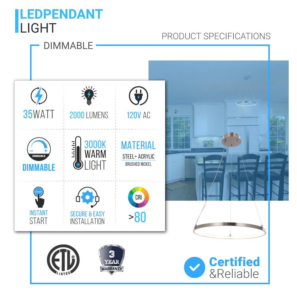 35W LED Round Pendant Light, 3000K (Warm White), 2000 Lumens, Brushed