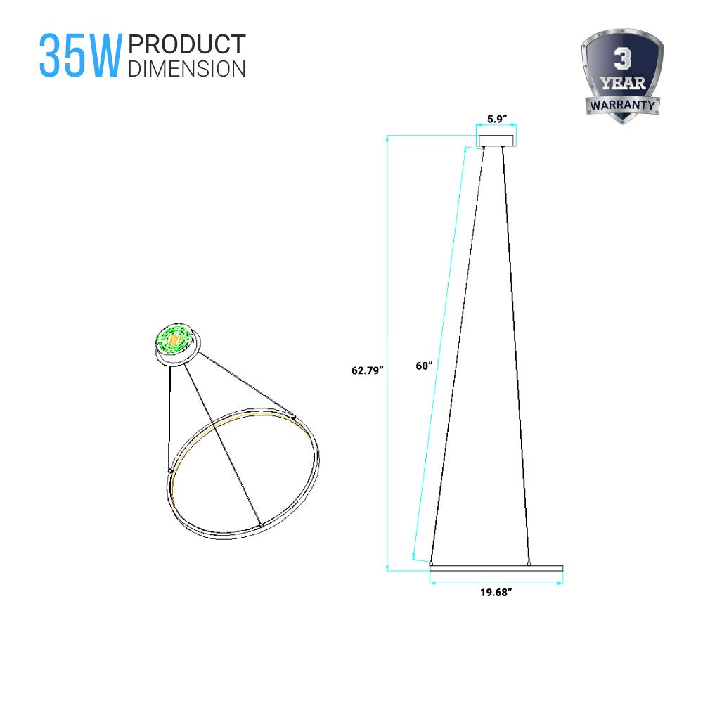 35W LED Round Pendant Light, 3000K (Warm White), 2000 Lumens, Brushed