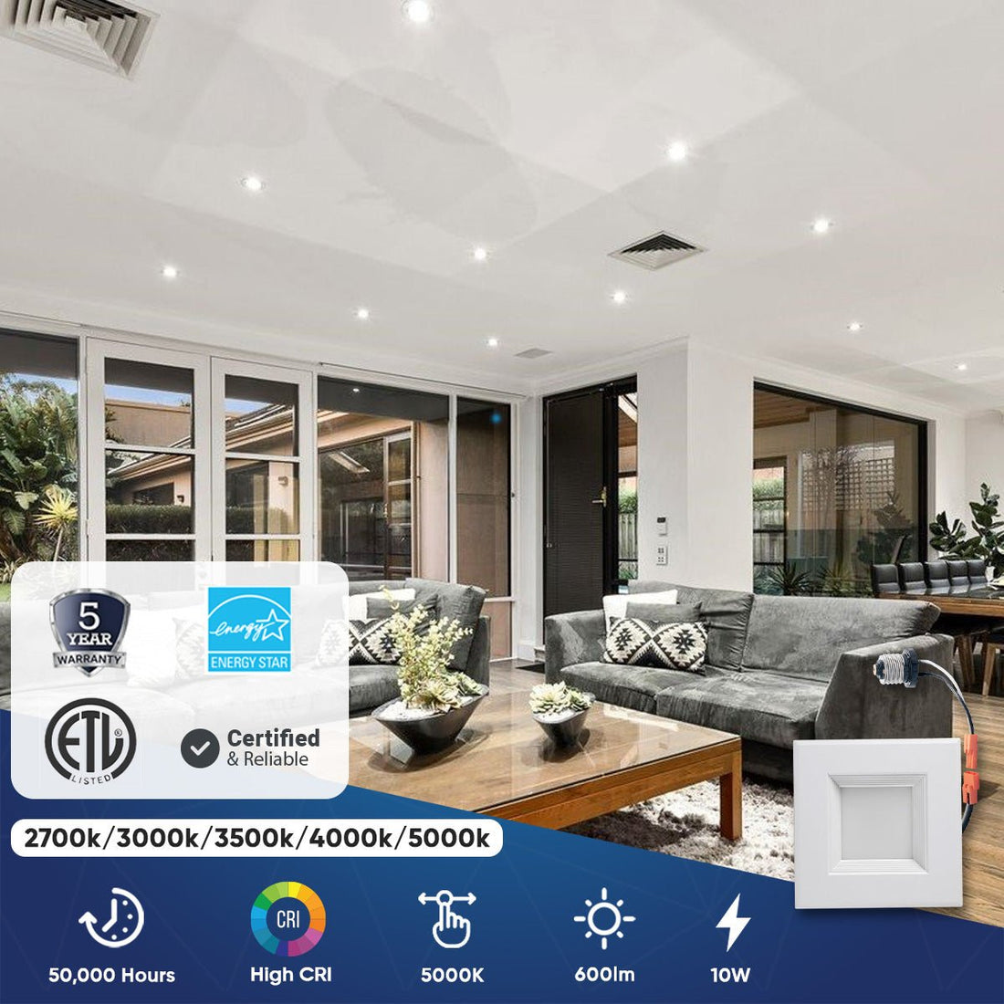 4" Square LED Downlight, 10W, 5CCT Changeable: 2700K/3000K/3500K/4000K