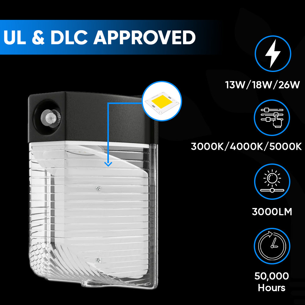 LED Wall Pack Lights with Dusk-to-Dawn Photocell, 13W/18W/26W Wattage