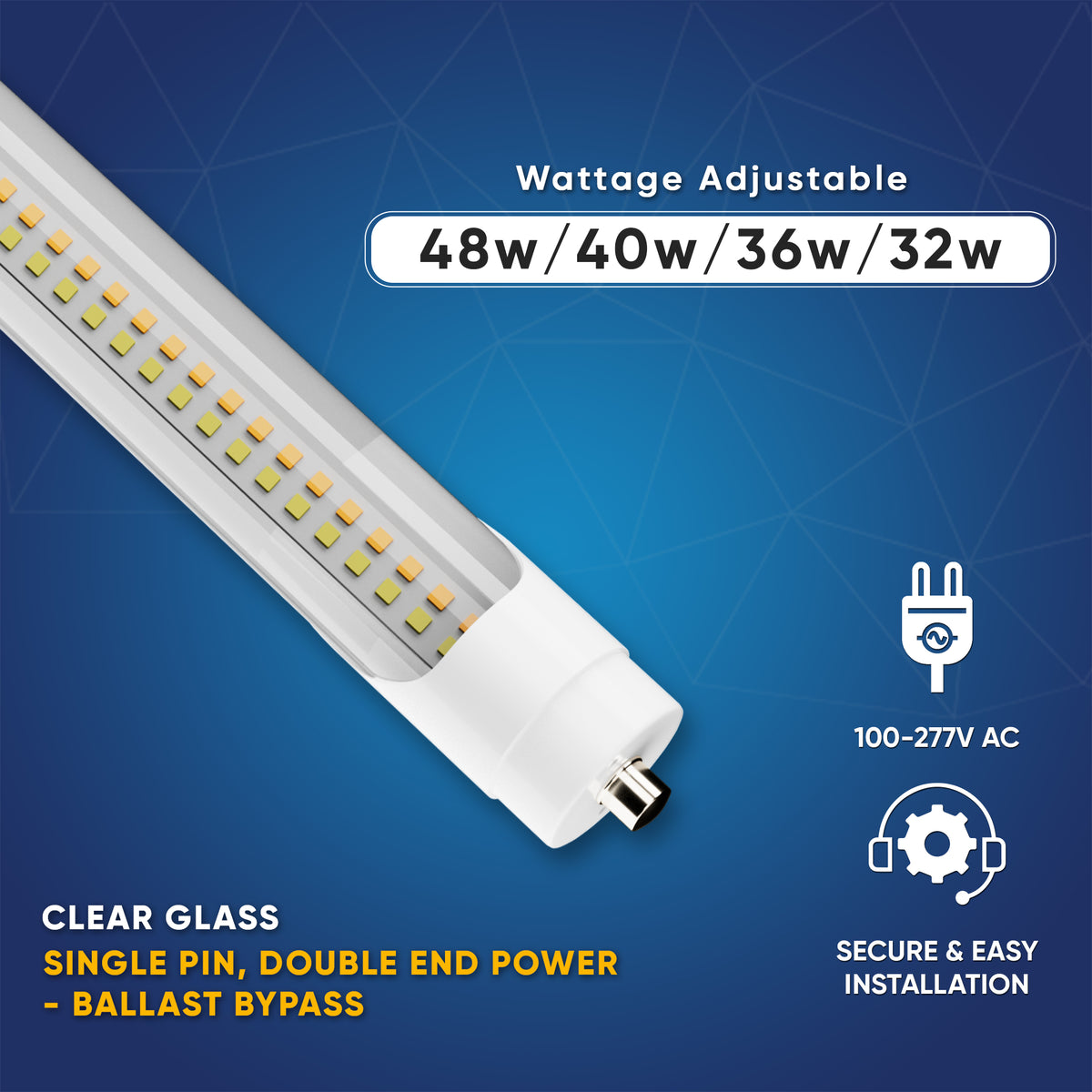 T8 8ft LED Tube/Bulb - 48w/40w/36w/32w Wattage Adjustable, 130lm/w, 30
