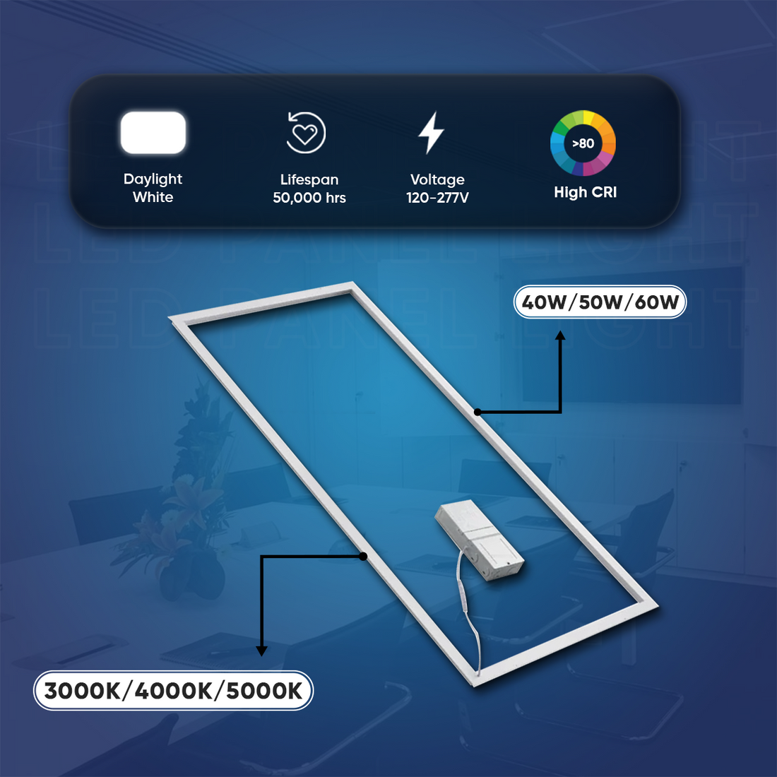 2 ft. x 4 ft. LED T-Bar Panel Light, 40W/50W/60W Wattage Adjustable, 3