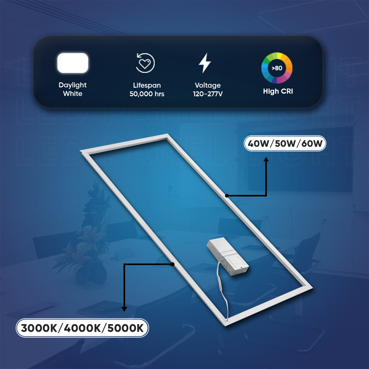 2 ft. x 4 ft. LED T-Bar Panel Light, 40W/50W/60W Wattage Adjustable, 3