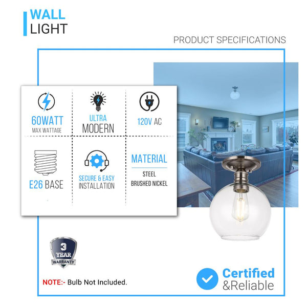 Clear Glass Dome Shape Semi Flush Mount Ceiling Lights, Brushed Nickel