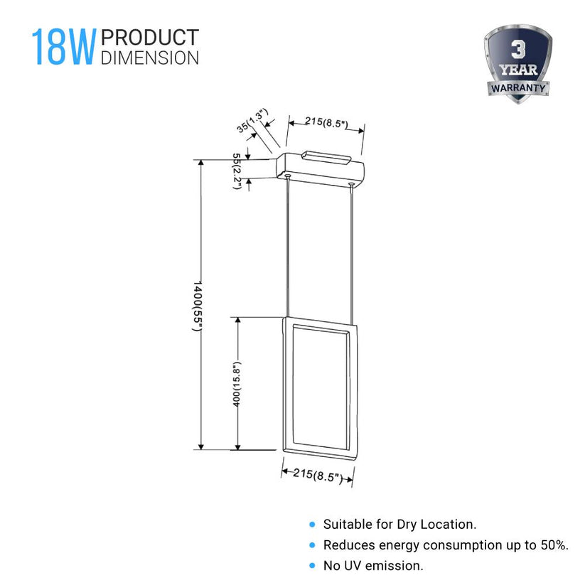 Dimmable LED Rectangle Pendant Chandelier Ceiling Light Fixture, 18W,
