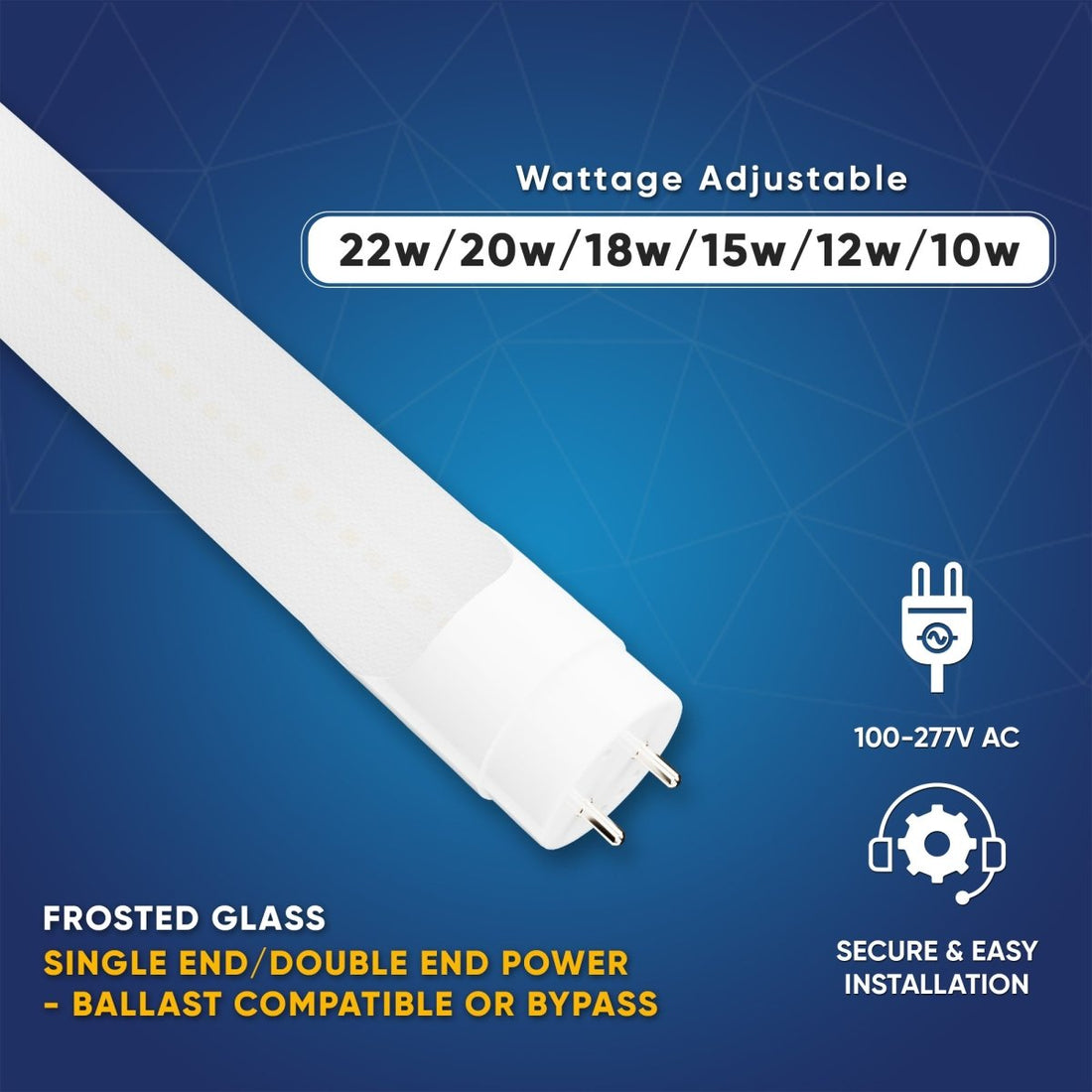 Hybrid T8 4ft LED Tube/Bulb - 22w/20w/18w/15w/ 12w/10w Wattage Adjusta