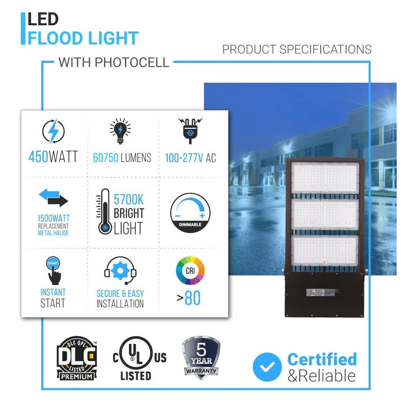 LED Flood Light With Photocell, 450W 5700K, AC100-277V, Stadium Lights