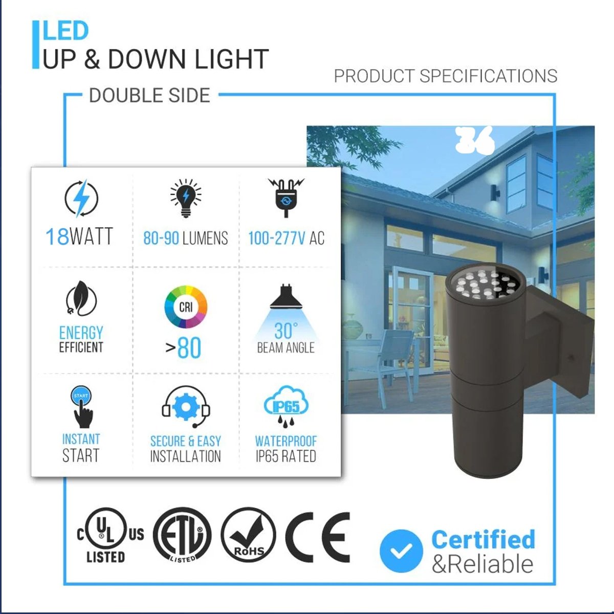 LED Outdoor Up & Down Lights With Remote, RGBW, Cylinder, 18WX1, AC100