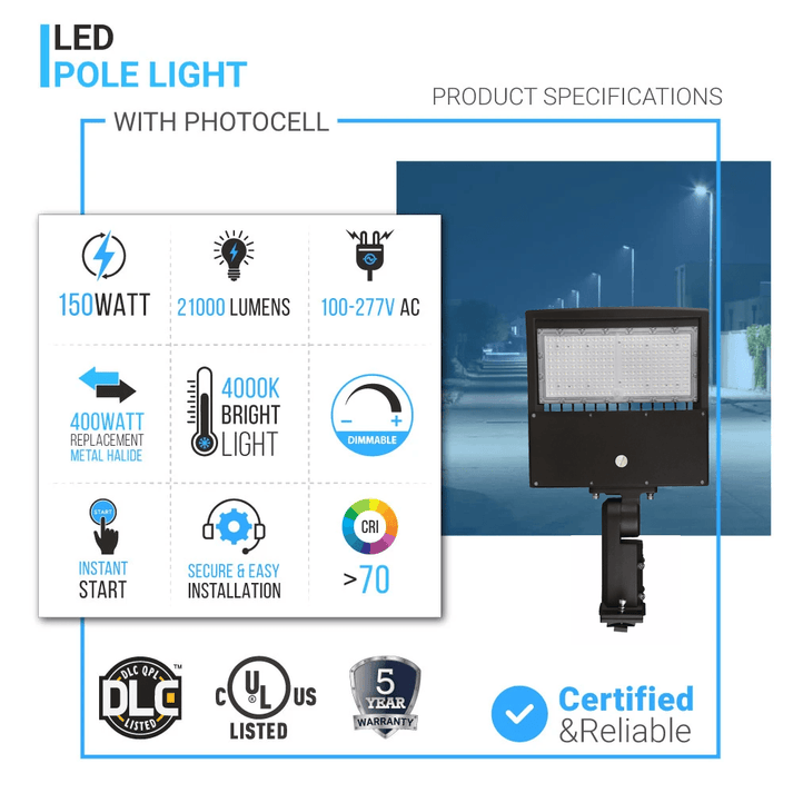 LED Pole Light 150W/120W/100W, Dusk to Dawn, 4000K, Universal Mount, Bronze
