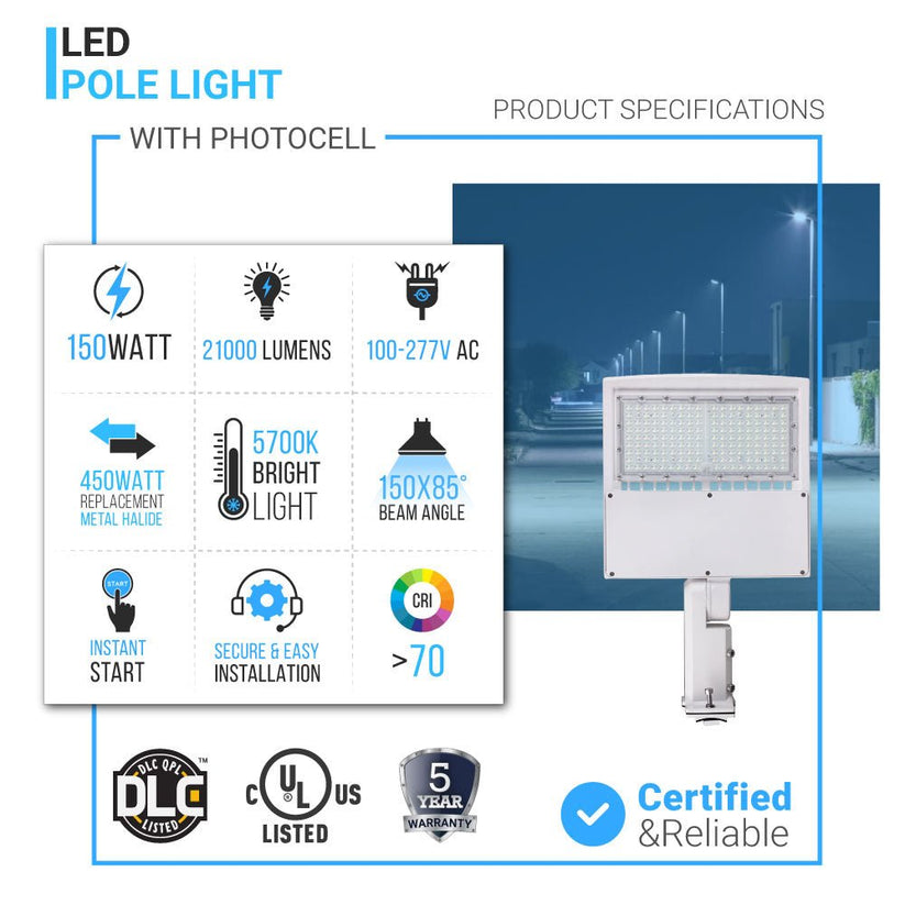 150W/120W/100W LED Pole Light, 5700K, IP65, Dusk to Dawn