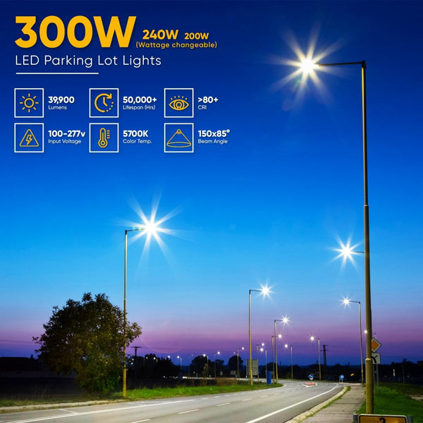 LED Pole Lights Outdoor, 300W/240W/200W Wattage Adjustable, 5700K, 133