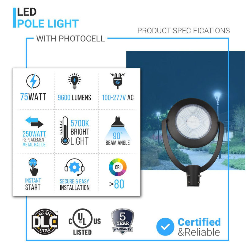 LED Post Top Light With Photocell 75W, 5700K, AC120-277V, UL, DLC List