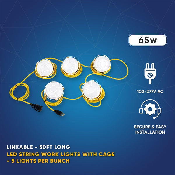 LED String Work Lights With Cage, 65W 5000K, 50ft, 8000LM , IP65, 5 Li