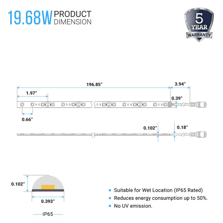 16.4ft LED Strip Lights 12V, 60 LEDs/M, Dimmable, 192 Lumens, 3000K,