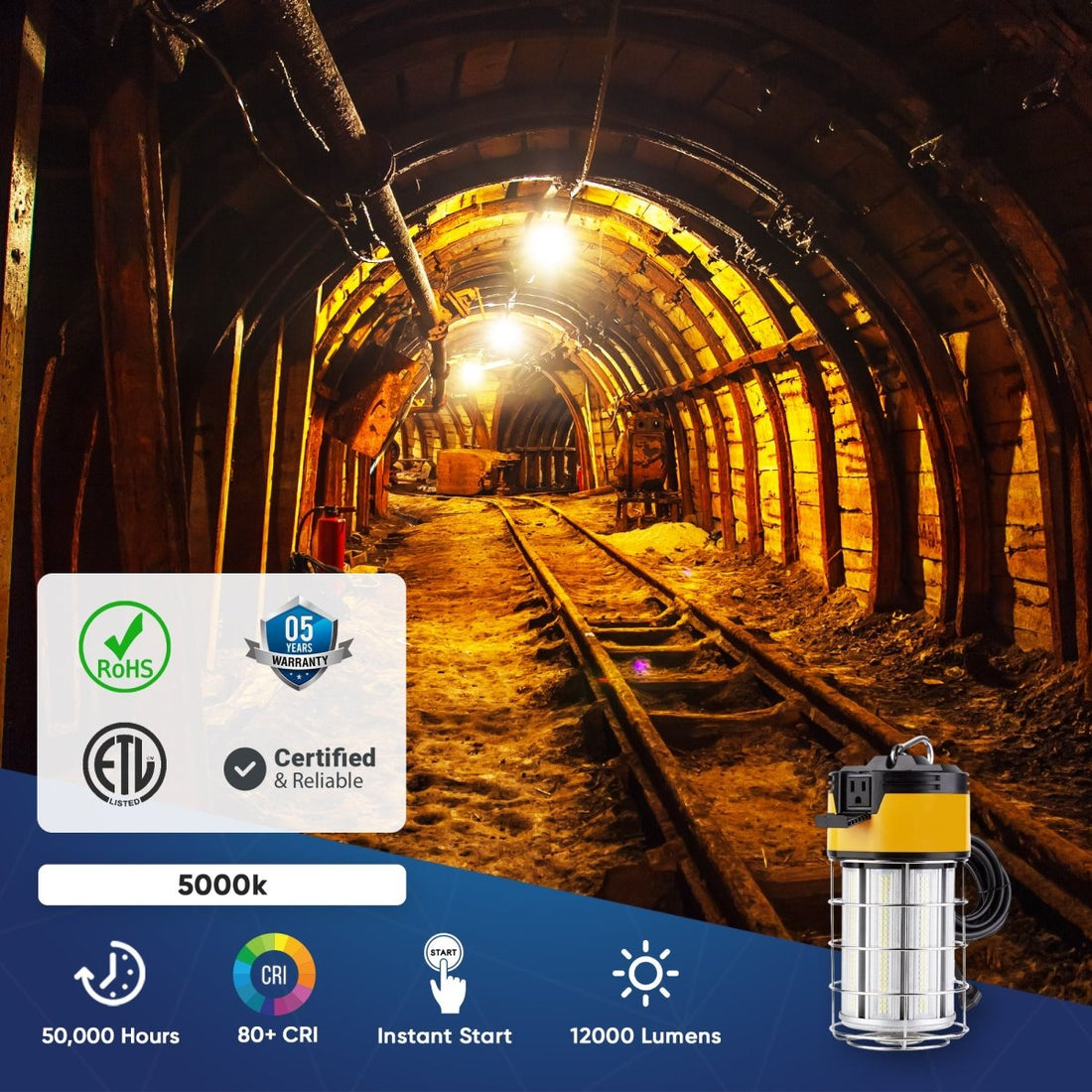 LED Temporary Work Lights with Cage, 100W 5000K, Plug and Play, Linkab