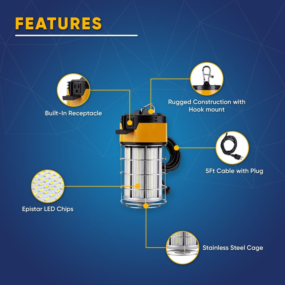 LED Temporary Work Lights with Cage, 150W 5000K 18000LM Plug and Play,