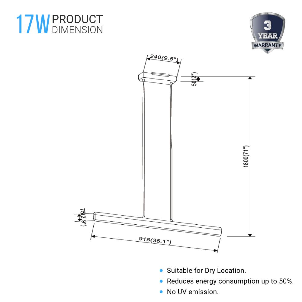 Linear Rectangular Pendant Lighting Fixture, 17W, 3000K (Warm White),