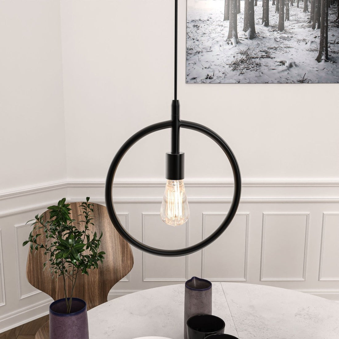 Matte Black Ring Shape Pendant Light Fixture, E26 Base, UL Listed for