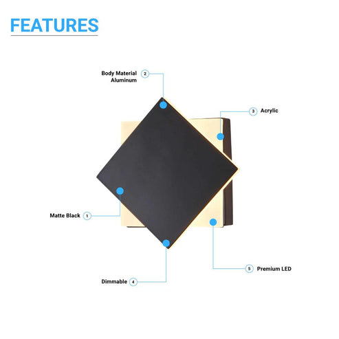 Modern Square LED Wall Sconce, 9W, 3000K, 338LM, CRI: 80+, Dimmable, D