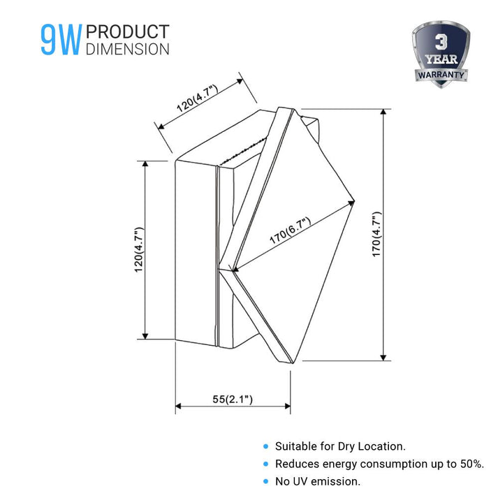 Modern Square LED Wall Sconce, 9W, 3000K, 338LM, CRI: 80+, Dimmable, D