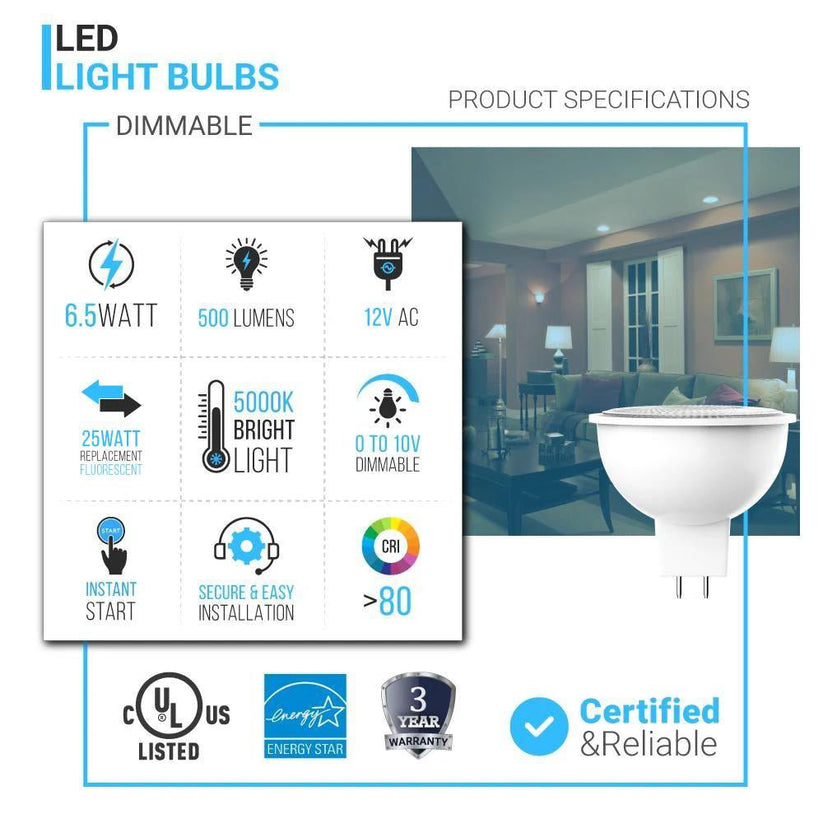 MR16 LED Light Bulbs 6.5W 5000K 500 Lumens Dimmable 120V Damp Location