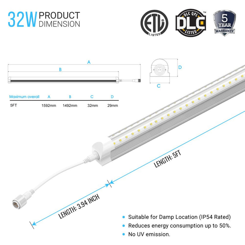 T8 5ft LED Freezer/Cooler Tube Light, V Shape, 36W 5000K, Clear, Refri