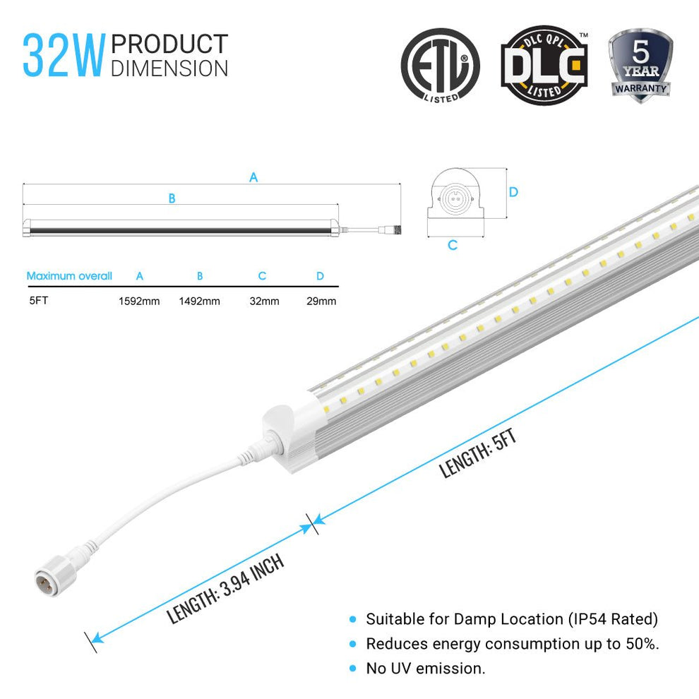 T8 5ft LED Freezer/Cooler Tube Light, V Shape, 36W 5000K, Clear, Refri