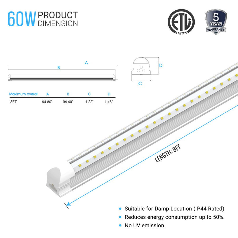T8 8ft Integrated LED Tube Light 60W V Shape 5000K Daylight White, Cle
