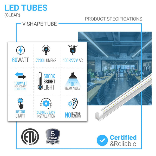 T8 8ft Integrated LED Tube Light 60W V Shape 5000K Daylight White, Cle