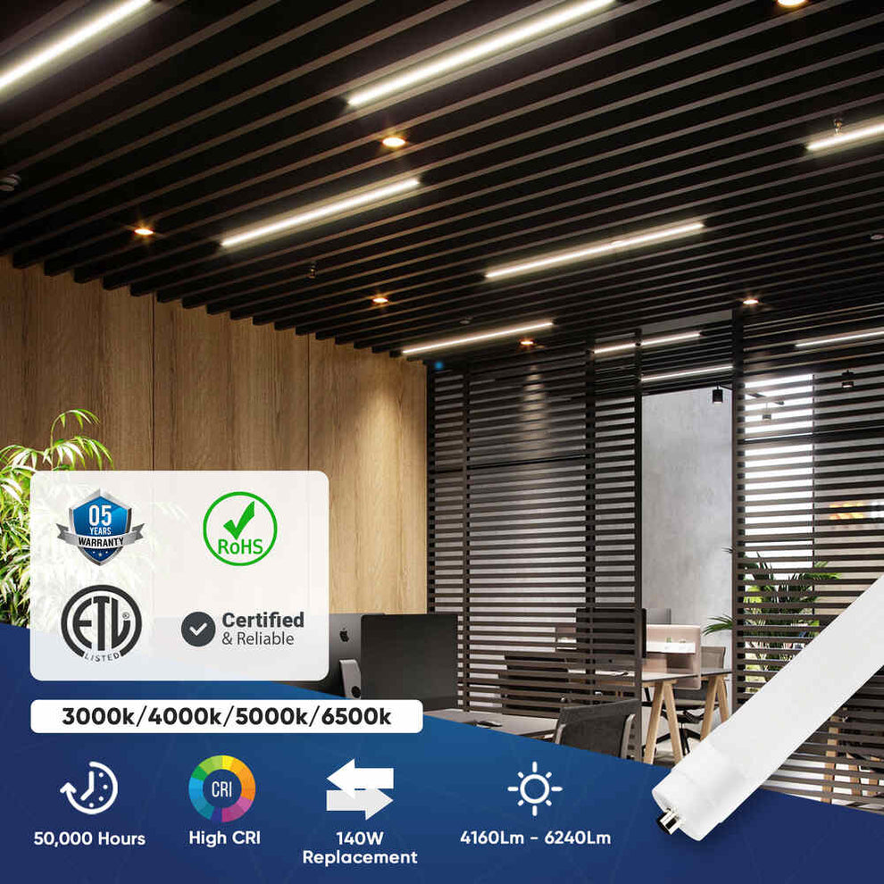 T8 8ft LED Tube, 48W/40W/36W/32W, 130lm/W, Frosted