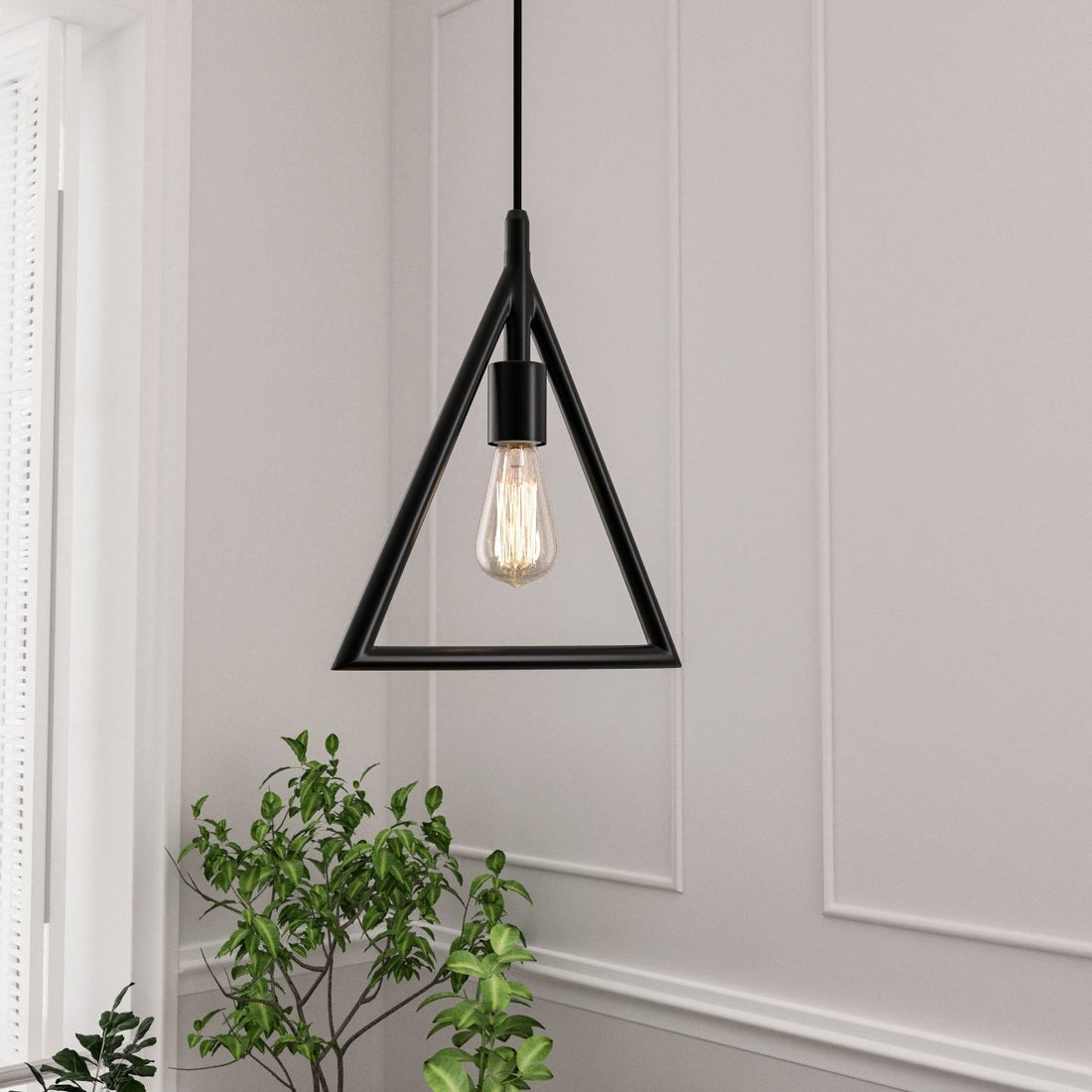 Triangle Shape Pendant Lighting Fixture, E26 Base, Matte Black Finish,