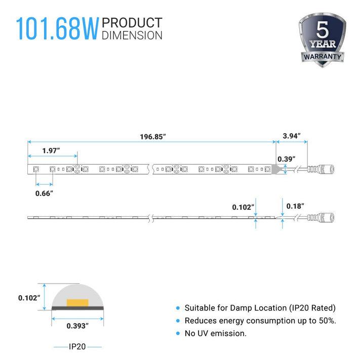 White LED Strip Light, 16.4ft Dimmable - 24V - IP20 - 879 Lumens/ft, S