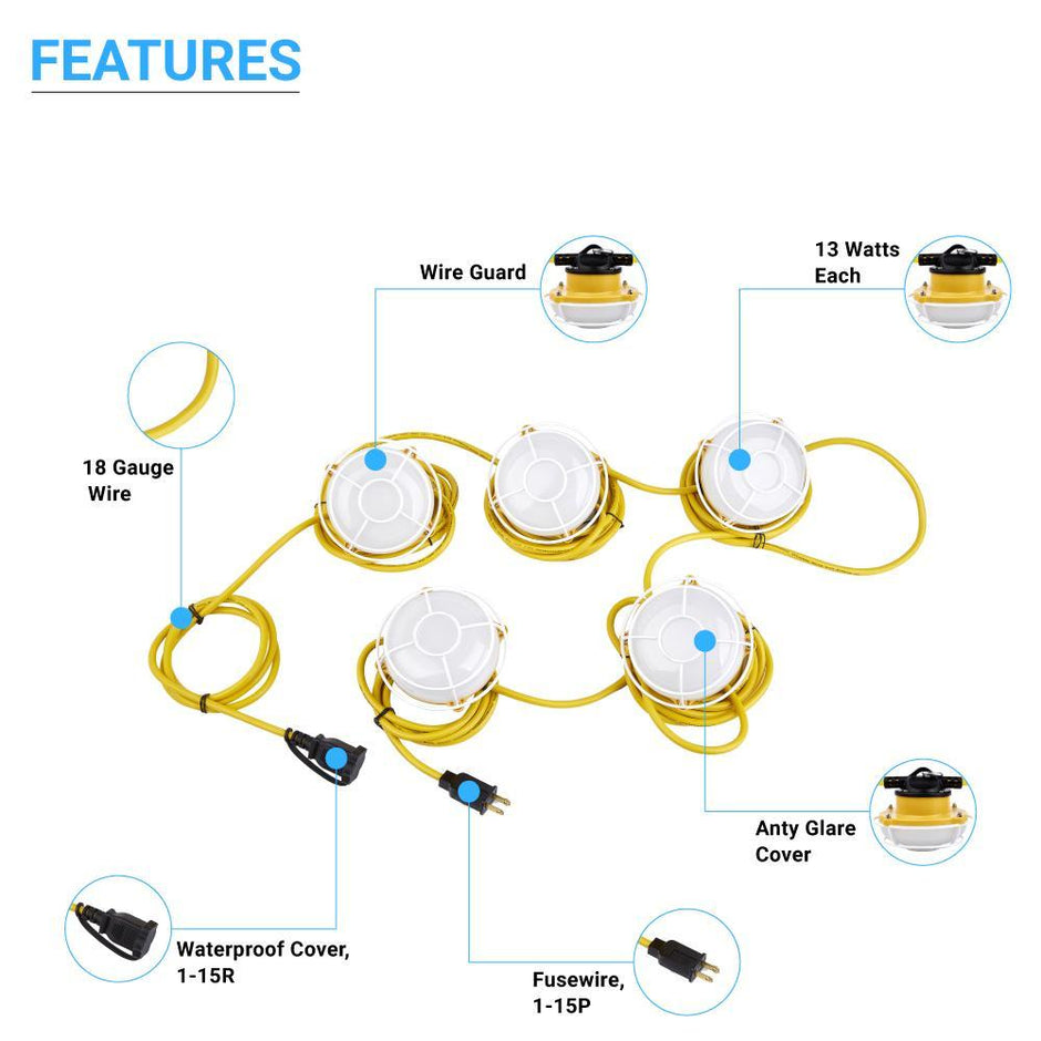 LED String Work Lights With Cage, 65W 5000K, 50ft, 8000LM , IP65, 5 Li