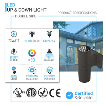 LED Up & Down Lights Outdoor Wall Light, Cylinder, 2x36W, AC100- 277V,