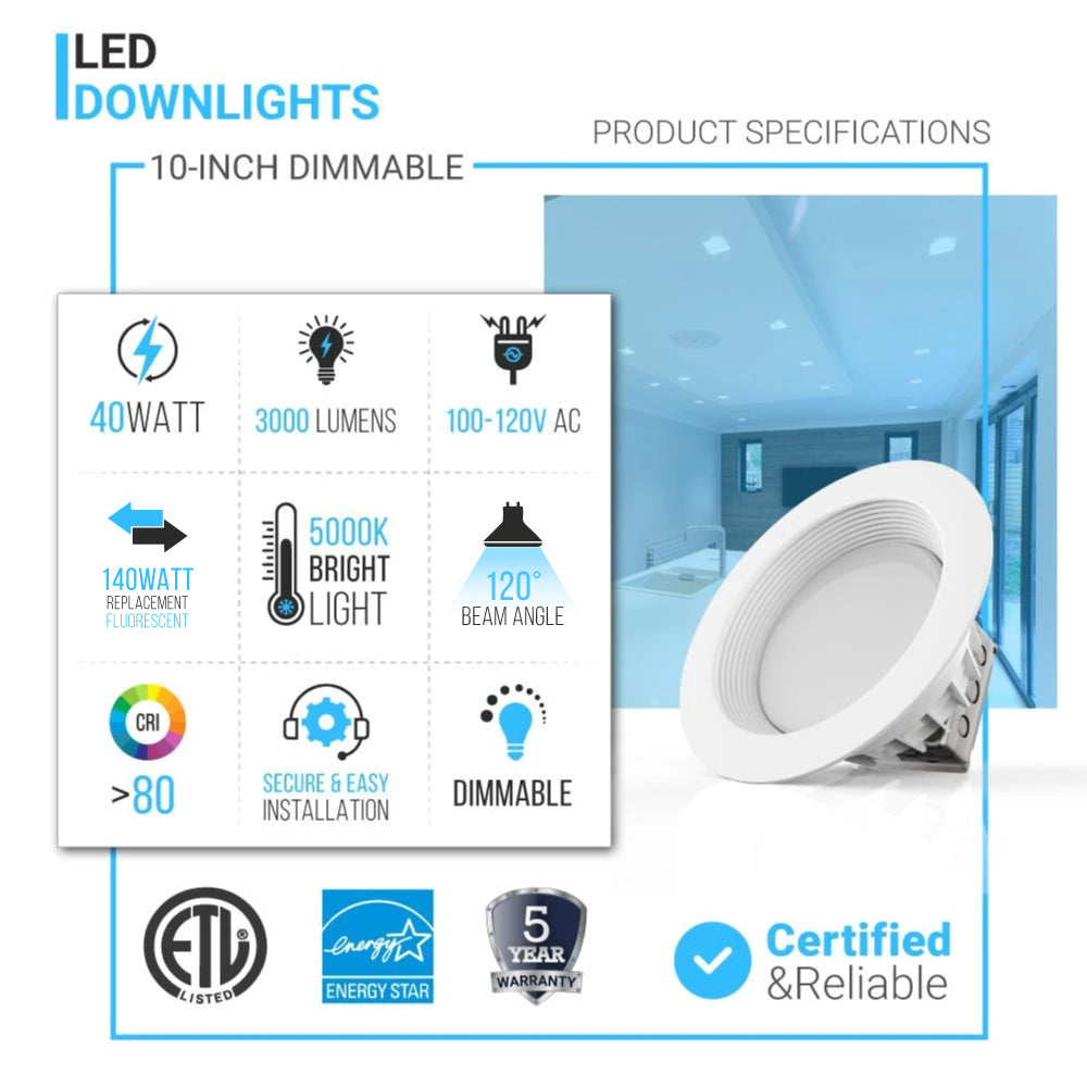 10 Inch Commercial LED Recessed Lighting, 40W, 3000LM, 5000K Daylight