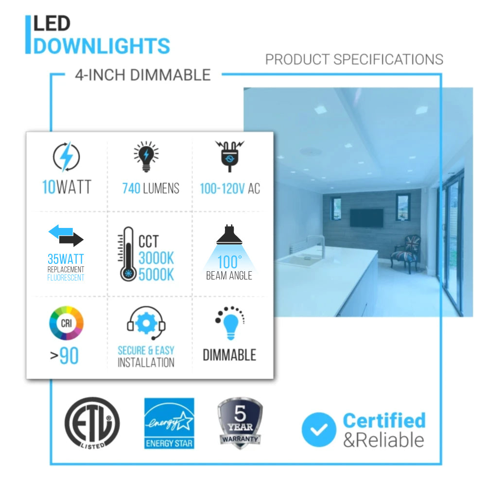 4 Inch LED Recessed Lighting with Adjustable Eyeball, 10W, Dimmable, M ...