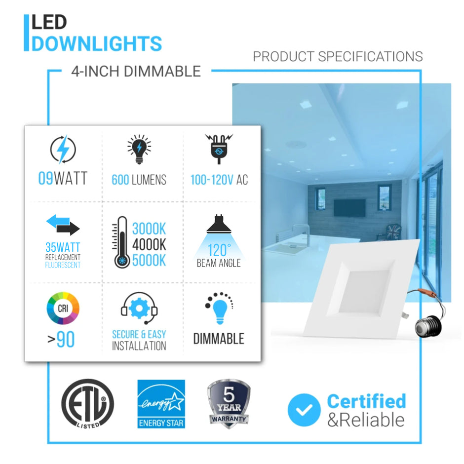 4 Inch LED Recessed Lighting, 9W, Square, ETL, Energy Star Listed, Tri